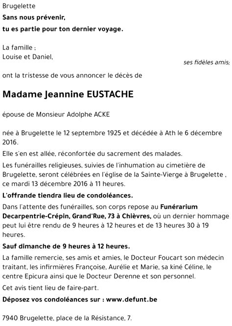 Avis De Décès De Jeannine Eustache Décédé Le 06122016 à Ath Annonce Condoléances Fleurs