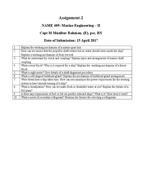 Assignment 2 Name 409 Marine Engineering Ii Capt M Muzibur Rahman