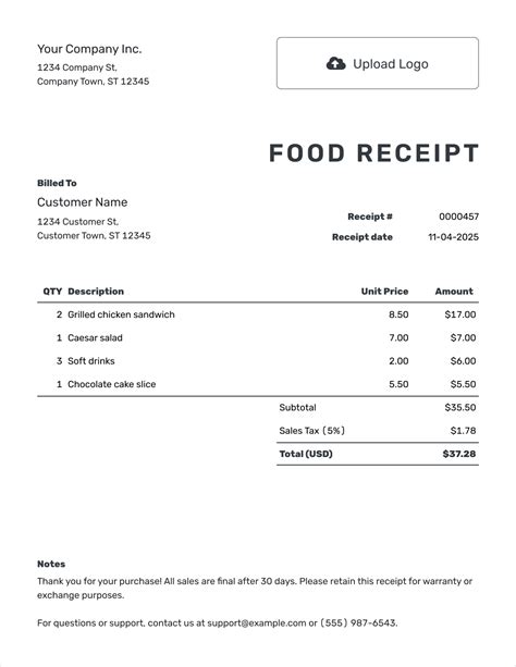 Free Food Receipt Template