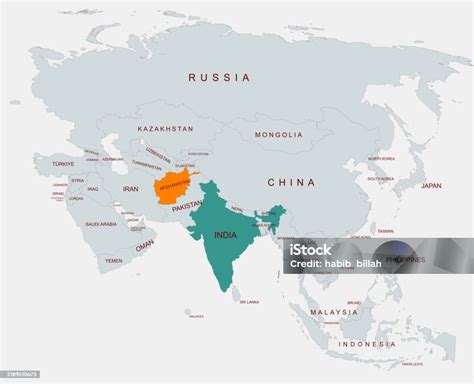 Political Map Of Asia Highlighting Afghanistan And India With Country
