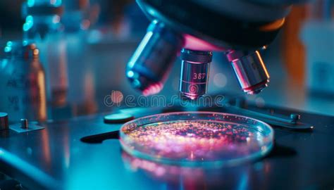 Microscope Close Up On Glowing Samples In Laboratory For Scientific