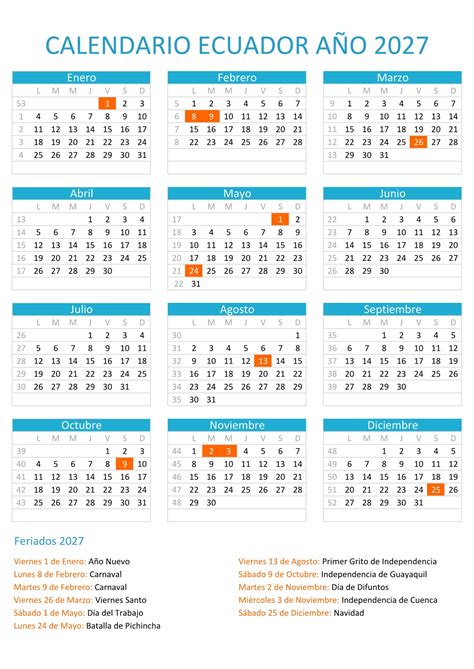 Calendario Ecuador 2027 Para Imprimir Con Feriados Pdf Y Excel Gratis