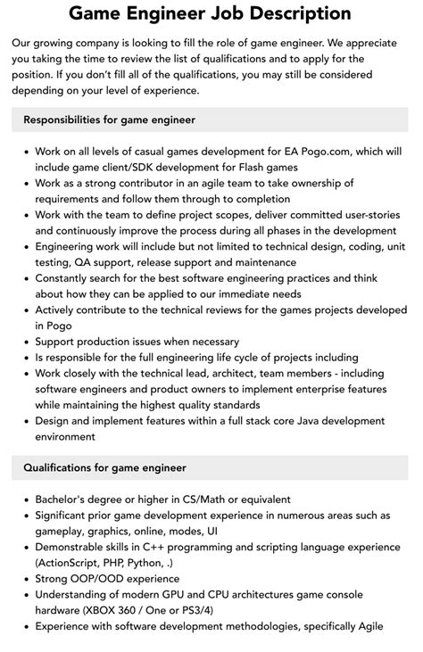 Game Engineer Job Description Velvet Jobs