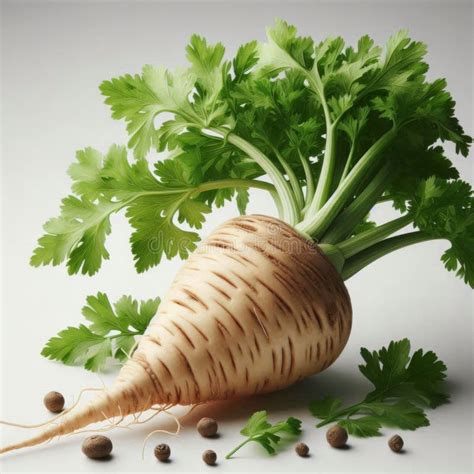Fresh Parsnip Root With Attached Leaves Isolated On A Plain White Background Stock Illustration