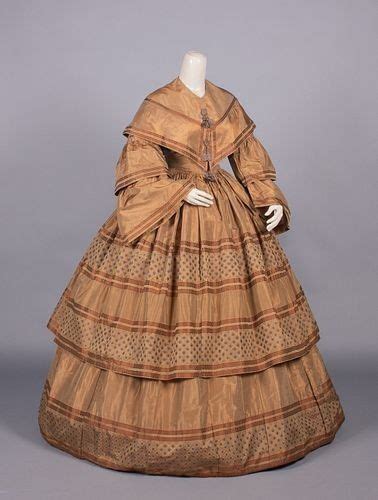 Bronze Patterned Silk Afternoon Gown Mid 1850s 2 Pc Bronze Silk Taffeta Dress W Patterned Silk