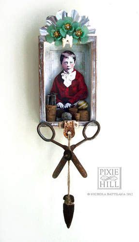 A Clock With Scissors Hanging From Its Side And A Painting On The Wall