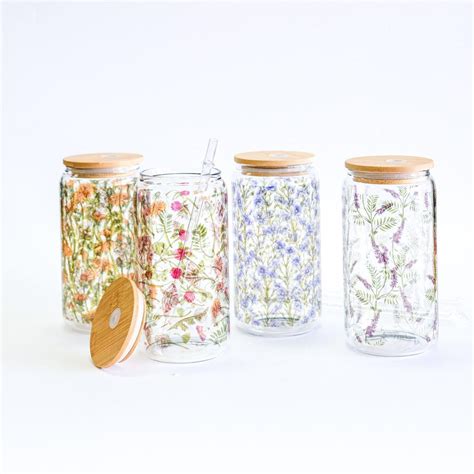 Floral Glass Tumbler Cups With Bamboo Lid And Straw Etsy