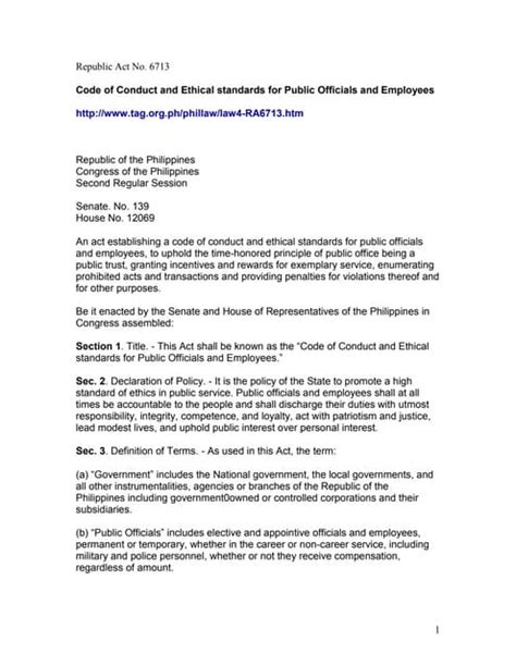 Ra 6713 Code Of Ethical Standards For Public Officials And Employees In