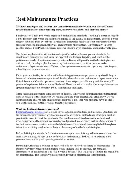 Best Maintenance Practices Pdf Reliability Engineering Inventory