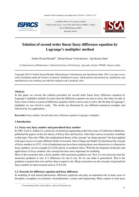 Pdf Solution Of Second Order Linear Fuzzy Difference Equation By Lagranges Multiplier Method