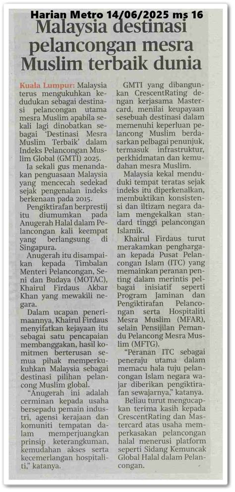 Malaysia Destinasi Pelancongan Mesra Muslim Terbaik Dunia Keratan Akhbar Harian Metro 14 Jun