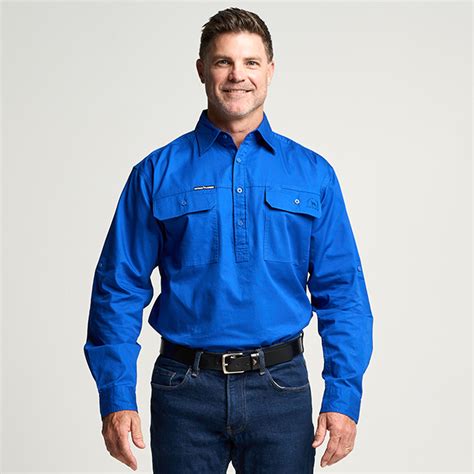 Kilcoy Mens Half Button Long Sleeve Work Shirt Royal — Outback Cobber
