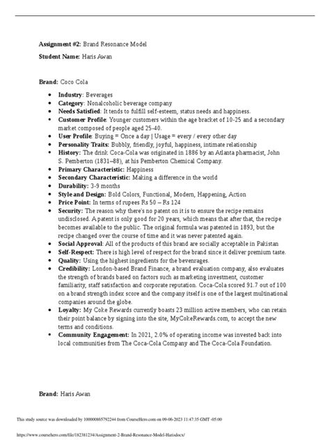 Assignment 2 Brand Resonance Model Haris Pdf Brand Coca Cola