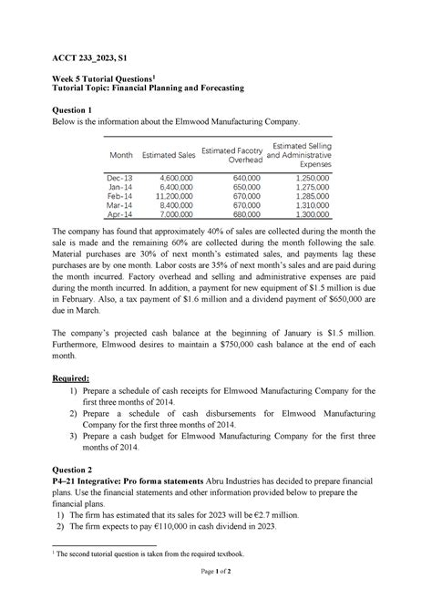 Acct233 Tut 4 Questions Page 1 Of 2 Acct 2332023 S Week 5 Tutorial