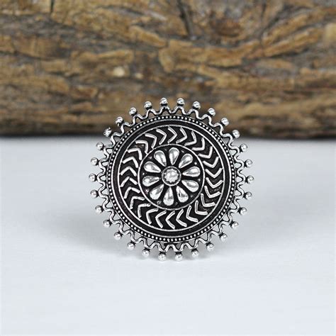 Silver Oxidised Plated Brass Ring Adjustable Beatnik
