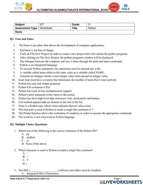 Python Free Interactive Worksheets 1765363