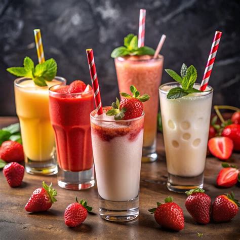 Assorted Drinks Collection Featuring Strawberry Garnished Beverage Premium Ai Generated Image