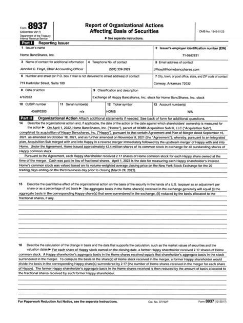 Fillable Online Irs Form 8937 Happy Bancshares Incpdf Fax Email