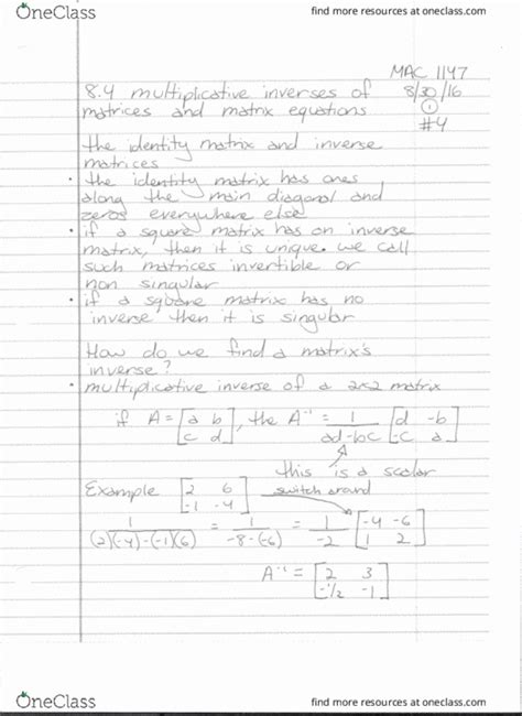 mac 1147 lecture 6 8 4 multiplicative inverses of matrices and matrix
