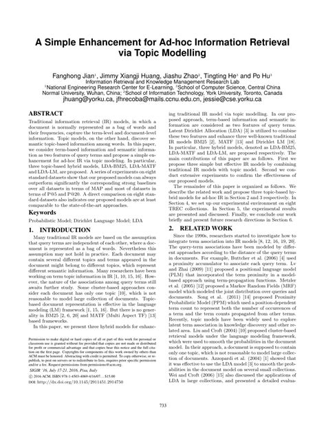 Pdf A Simple Enhancement For Ad Hoc Information Retrieval Via Topic