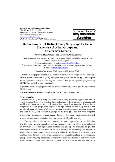 Pdf On The Number Of Distinct Fuzzy Subgroups For Some Elementary