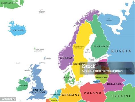 Northern Europe Multi Colored Political Map Stock Illustration