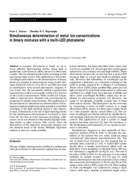 Pdf Simultaneous Determination Of Metal Ion Concentrations In Binary Mixtures With A Multi Led
