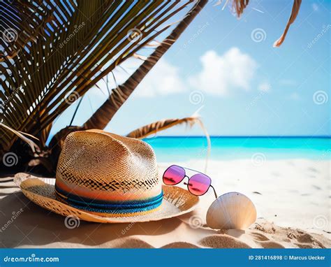 Hat Sunglasses And Seashell On Tropical Beach Stock Illustration