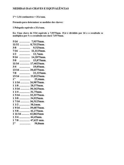 Equivalências Chaves Polegadas A Milímetros Pdf