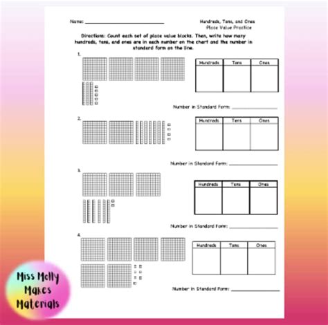 Three Digit Numbers Place Value With Base Ten Blocks Practice Hundreds Tens Ones