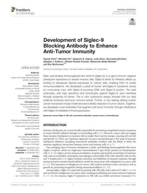Pdf Development Of Siglec 9 Blocking Antibody To Enhance Anti Tumor Immunity