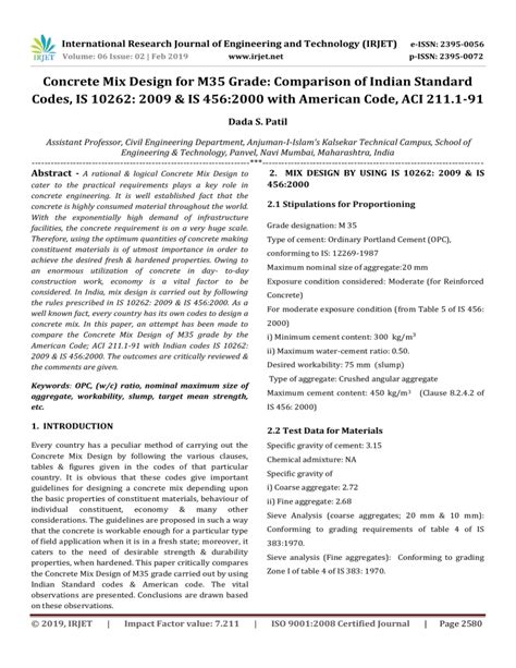 Concrete Mix Design Is Vs Aci Codes For M35 Grade