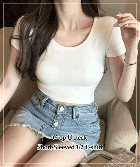 🤍u넥🤍 12티 가성비굿 여리여리 완벽 바디비율 크롭 U넥 반팔티셔츠 2color 기본 베이직 심플 반팔 티셔츠