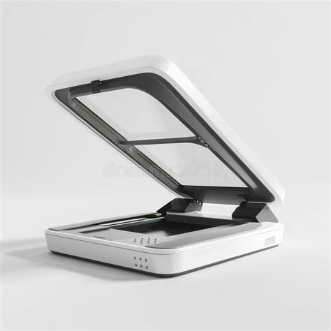 Open Flatbed Scanner On White Surface With Minimalist Design For Office Or Home Use Stock