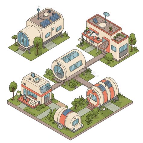 A Digital Illustration Of A Modern Modular Housing Complex With Several Small Stock