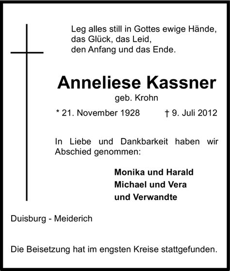 Traueranzeigen Von Anneliese Kassner Trauer In Nrwde