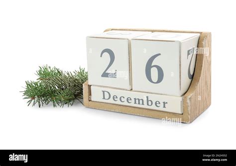 Wooden Block Calendar With Date 26th Of December Near Fir Tree Branch