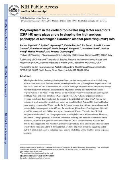 Pdf Polymorphism In The Corticotropin Releasing Factor Receptor 1 Crf1 R Gene Plays A Role