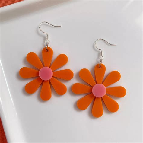 Orange And Pink Oversized Flower Earrings Lightweight Retro 60s 70s