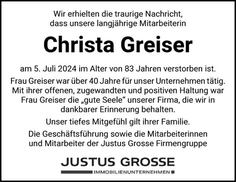 Traueranzeigen Von Christa Greiser Trauer And Gedenken