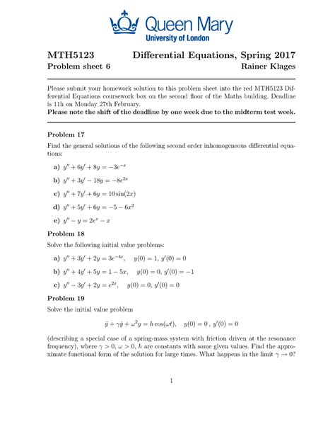 Mth5123 2016 2017 Coursework 6 Mth5123 Differential Equations Spring
