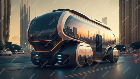 Premium Photo Futuristic Modern Bus In The City At Sunset Generative Ai