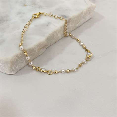 Pulsera Fina Pelotitas Y Perlitas Monarca Semijoyas