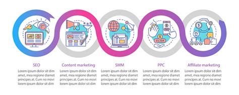 디지털 마케팅 전술 벡터 인포 그래픽 템플릿 비즈니스 프리젠 테이션 디자인 요소 5단계 와 옵션을 갖춘 데이터 시각화 프로세스 타임 라인 차트 선형 아이콘이 있는 워크플로