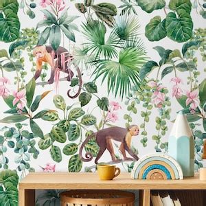 Botanical Jungle And Monkeys Wallpaper Peel And Stick Wallpaper
