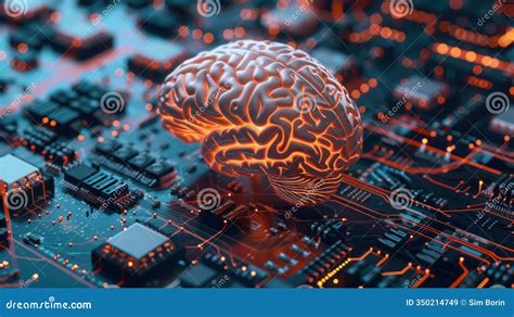 an artificial brain model connected to computer circuits stock
