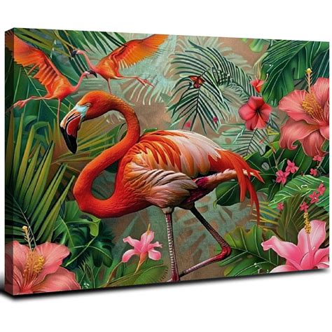 Nawypu Vintage Flamingo Wall Art Canvas Tropical Palm Leaves Red Hawaii