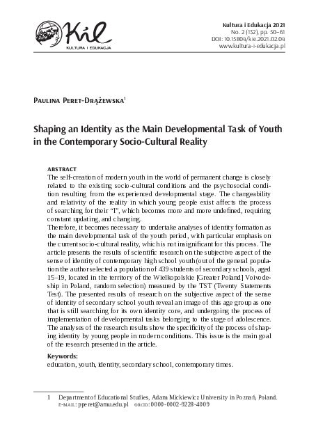 Pdf Shaping An Identity As The Main Developmental Task Of Youth In