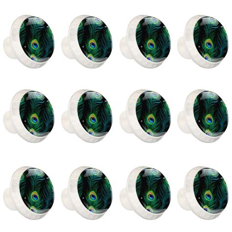 Peacock Feather Birds 12 Pcs White Round Drawer Pulls With Screwsabs And Glass Cabinet Handles