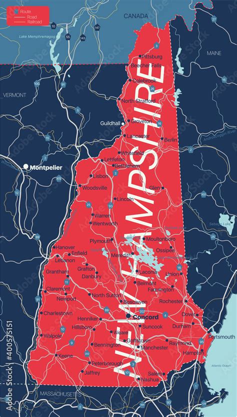 New Hampshire State Detailed Editable Map With Cities And Towns